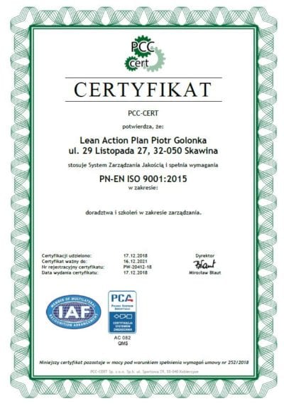 Lean Action Plan - Certyfikat ISO 9001 - Lean Action Plan